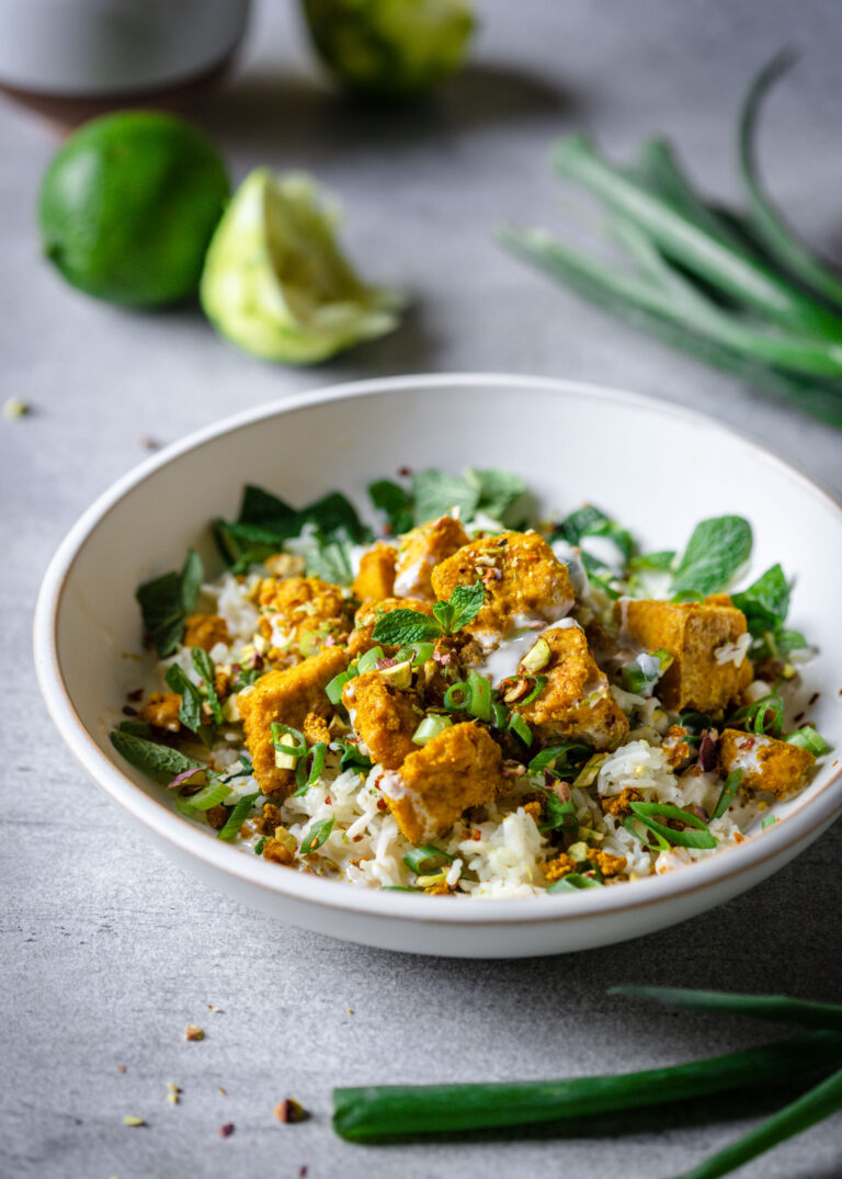 Turmeric Baked Tofu with Garlic Cilantro Rice | Adventures in Cooking