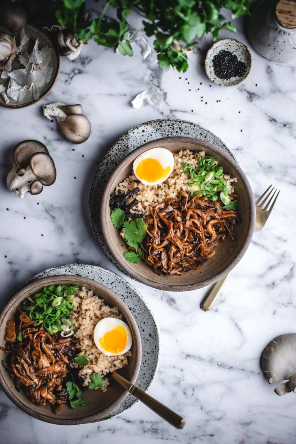 Shredded Mushroom Teriyaki Bowls with Soft Boiled Eggs | Adventures in ...
